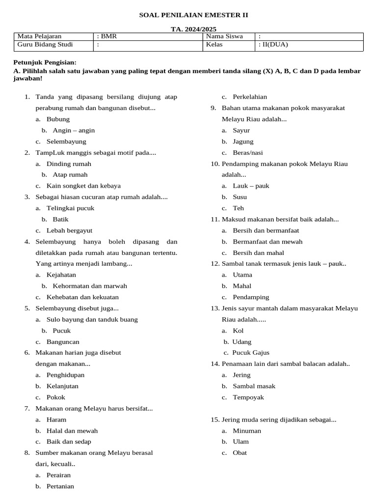 Soal BMR Kelas 2 | PDF