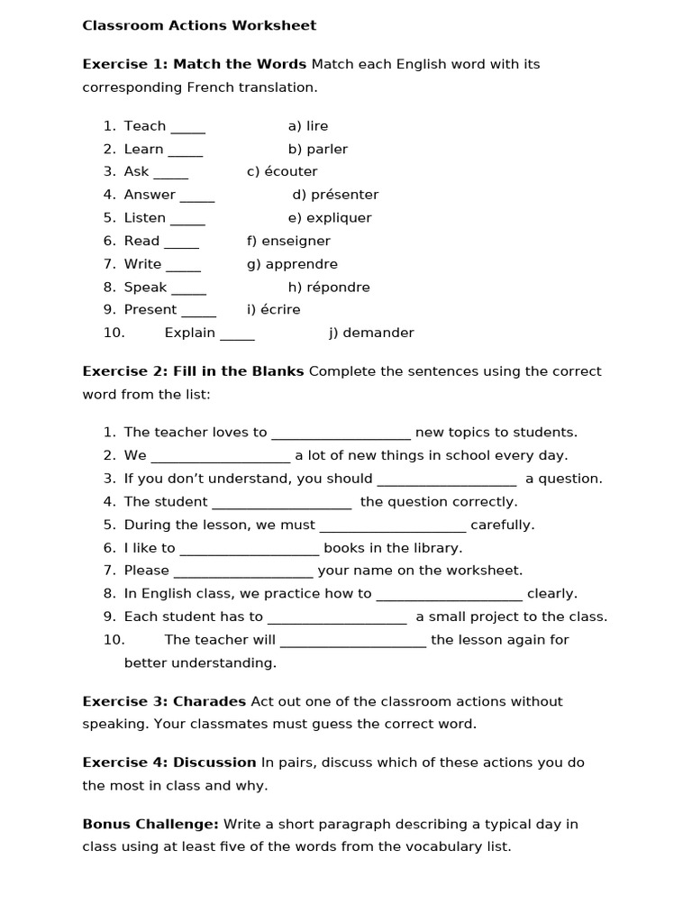 Classroom Actions Activity Sheet | PDF