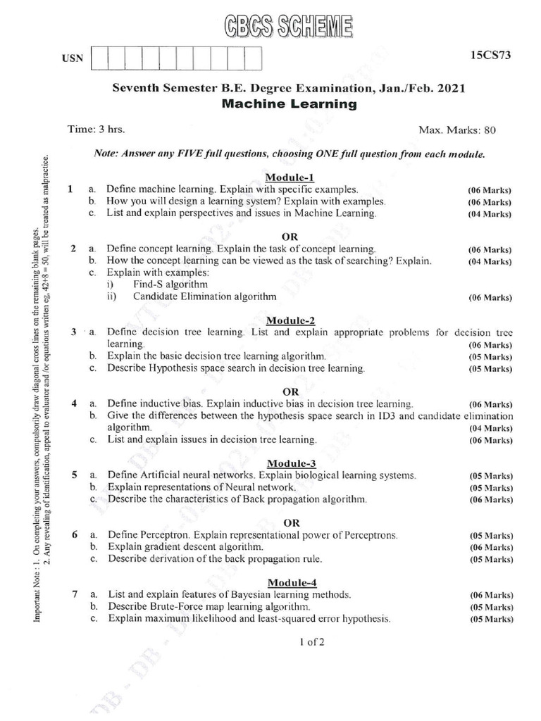 Be Cs 7 Sem Machine Learing 15cs73 Feb 2021 | PDF
