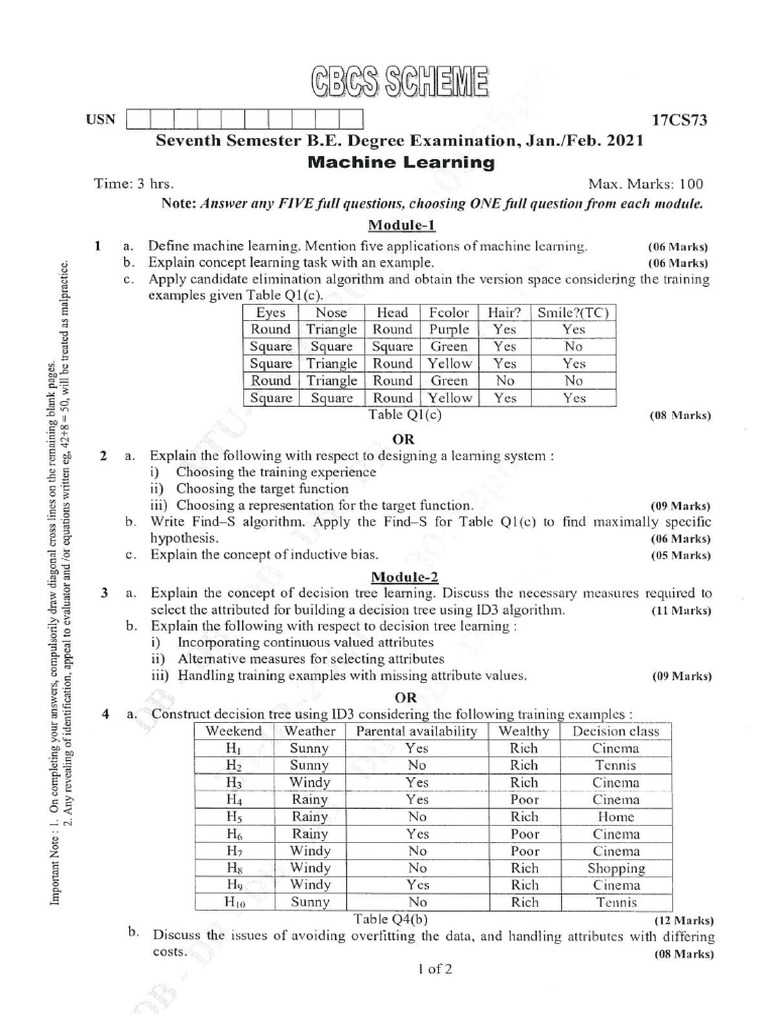 Be Cs 7 Sem Machine Learning 17cs73 Feb 2021 | PDF