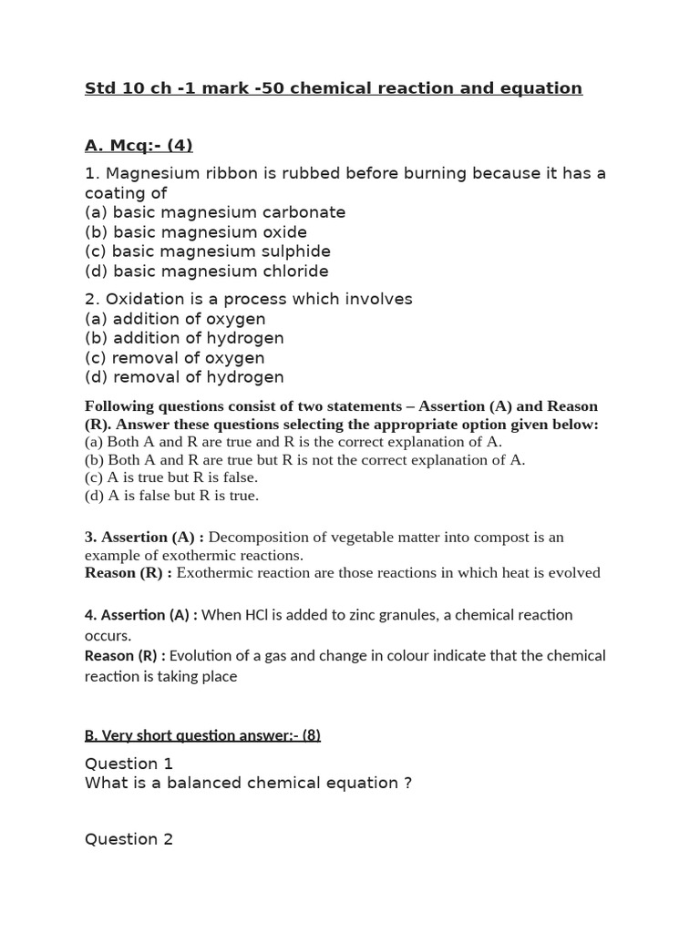 STD 10 CH 1 Sci. Chemical Reaction and Equation Mark 50 | PDF | Corrosion | Redox