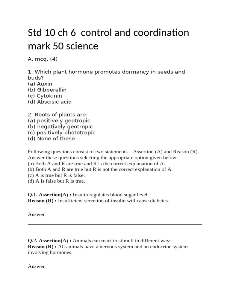 STD 10 CH 6 Control and Coordination Mark 50 Science | PDF | Neuron | Nerve