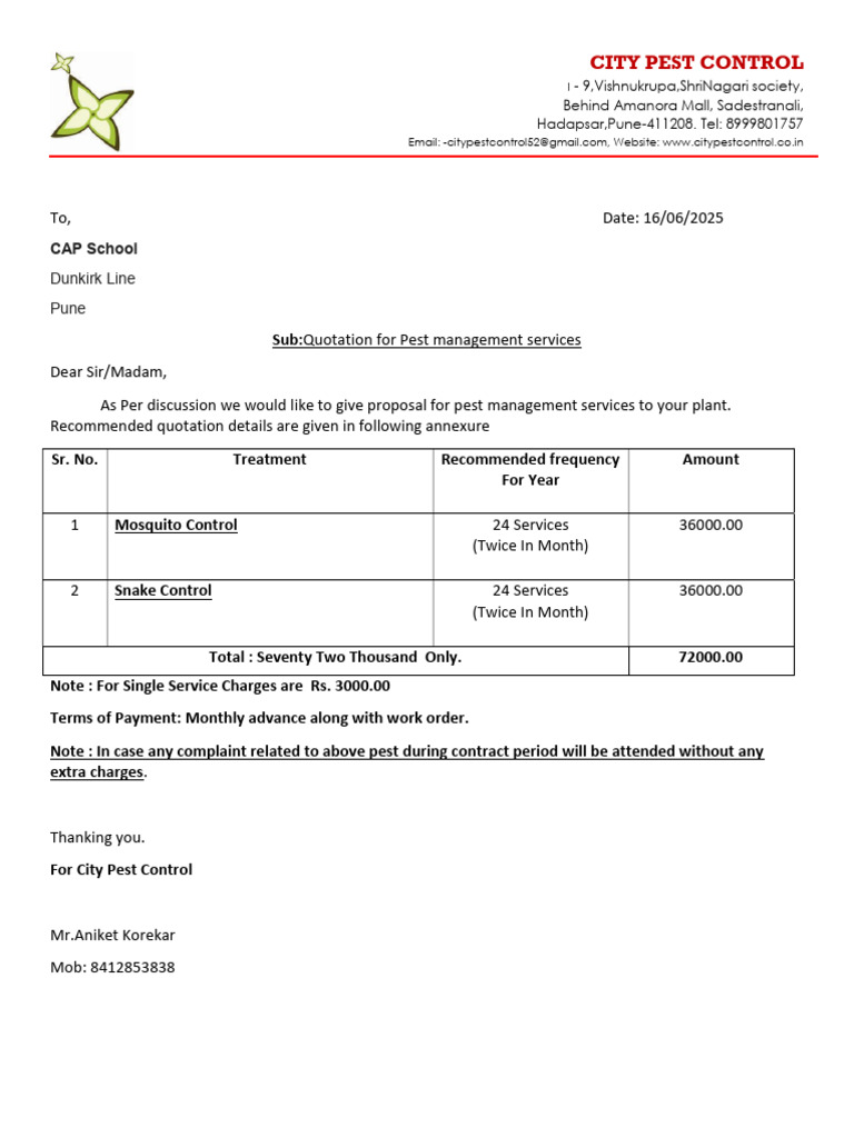 Pest Control Quotation for CAP School | PDF