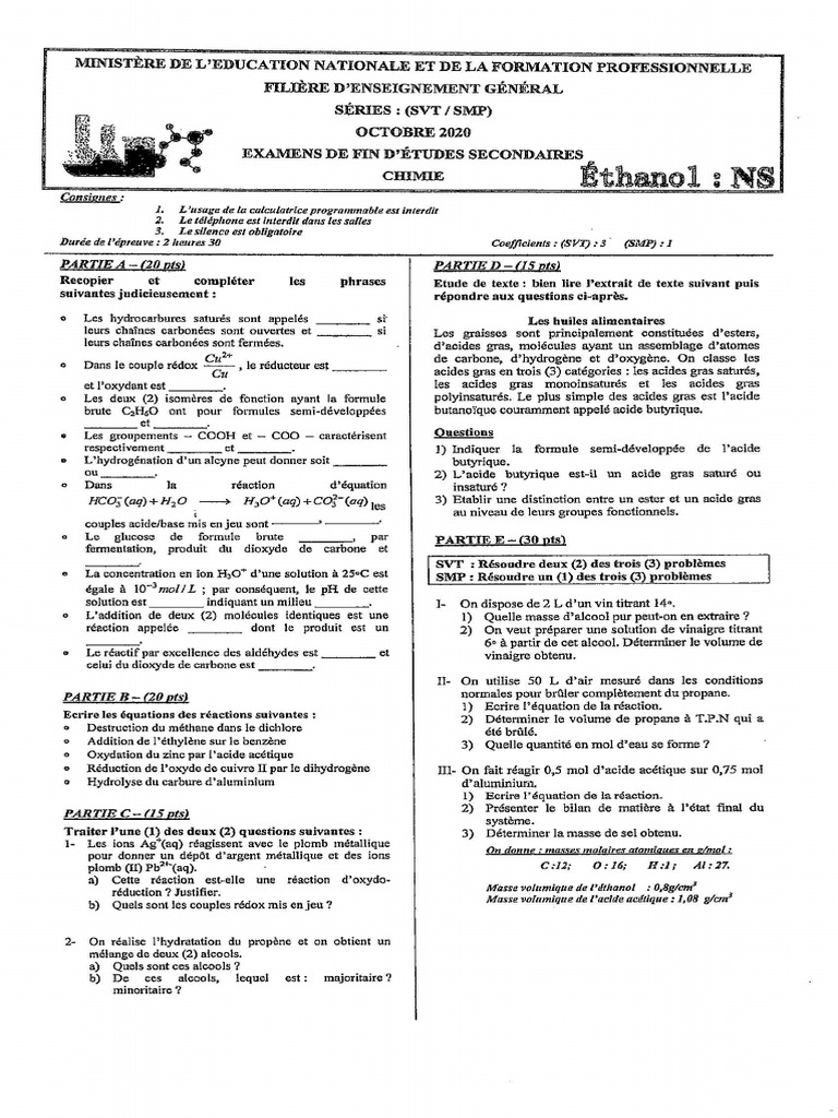 Chimie 2020 SVT-SMP Éthanol-NS | PDF