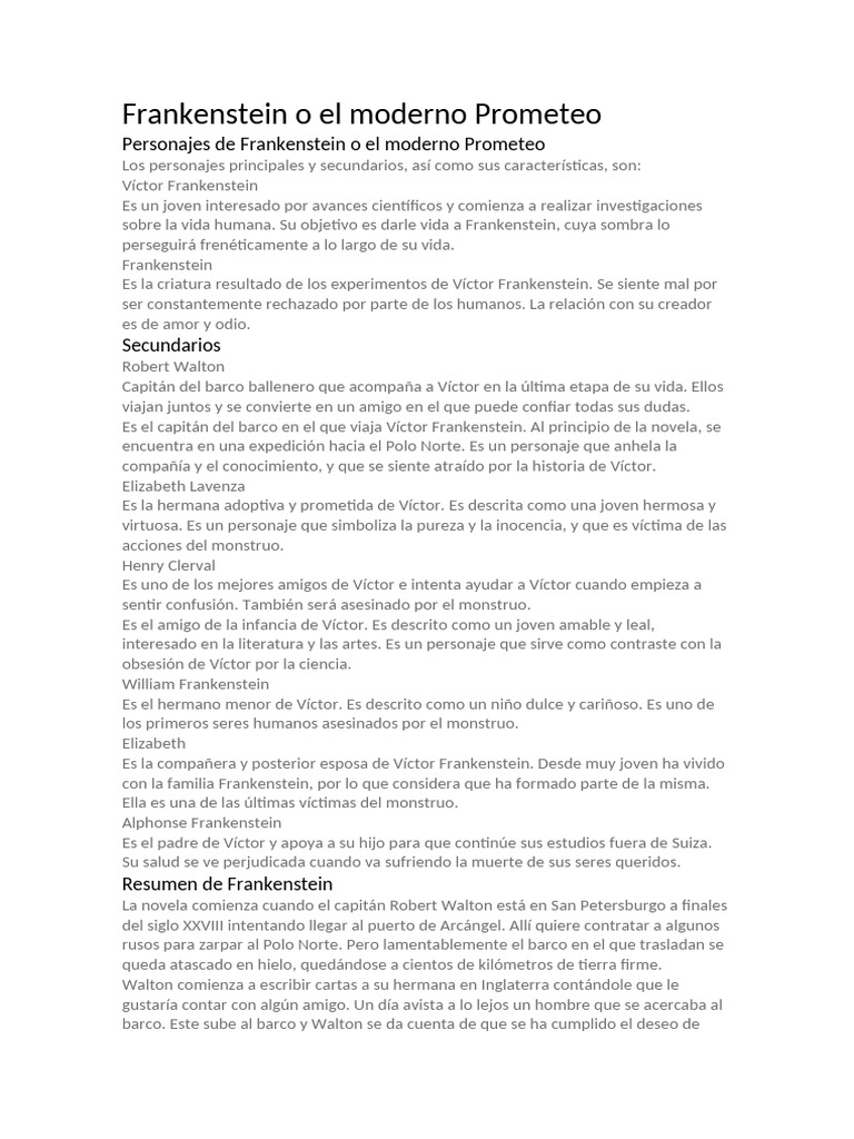 Frankenstein o El Moderno Prometeo Resumen | PDF | Frankenstein | Ficcion gotica