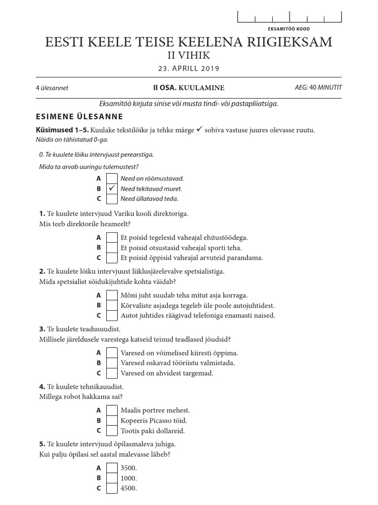 Eksamitöö II Vihik A4 (RE Eesti Keel Teise Keelena 2019) | PDF
