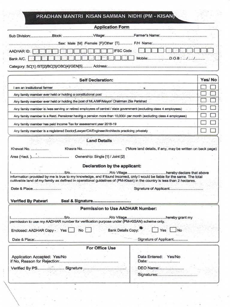 PM Kisan Samman Nidhi Form | PDF