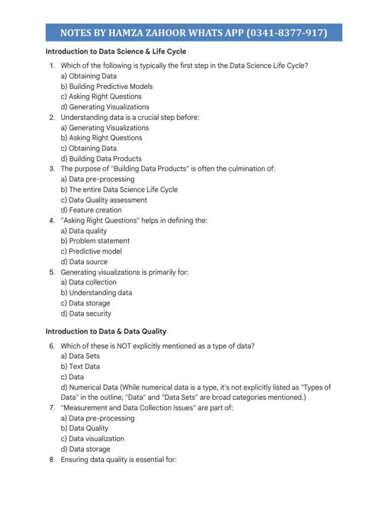 Data Science Mcqs - Hamza Zahoor | PDF | Data Analysis | Accuracy And ...