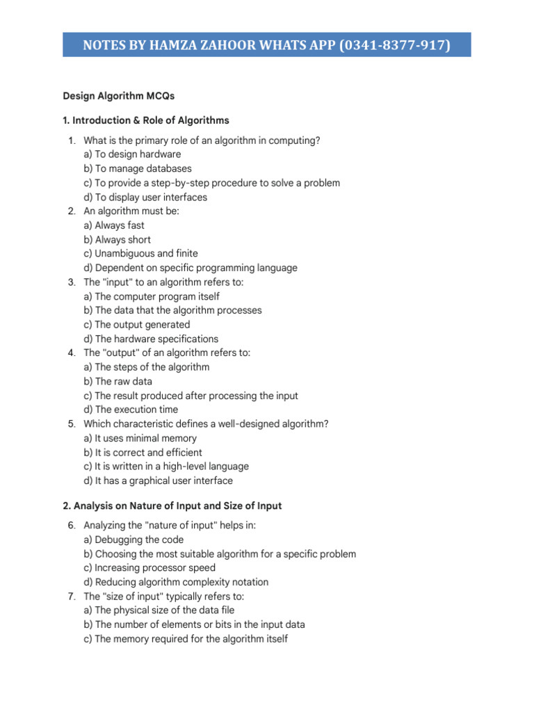 Design Algorithm Imp Mcqs - Hamza Zahoor | PDF | Dynamic Programming | Time Complexity