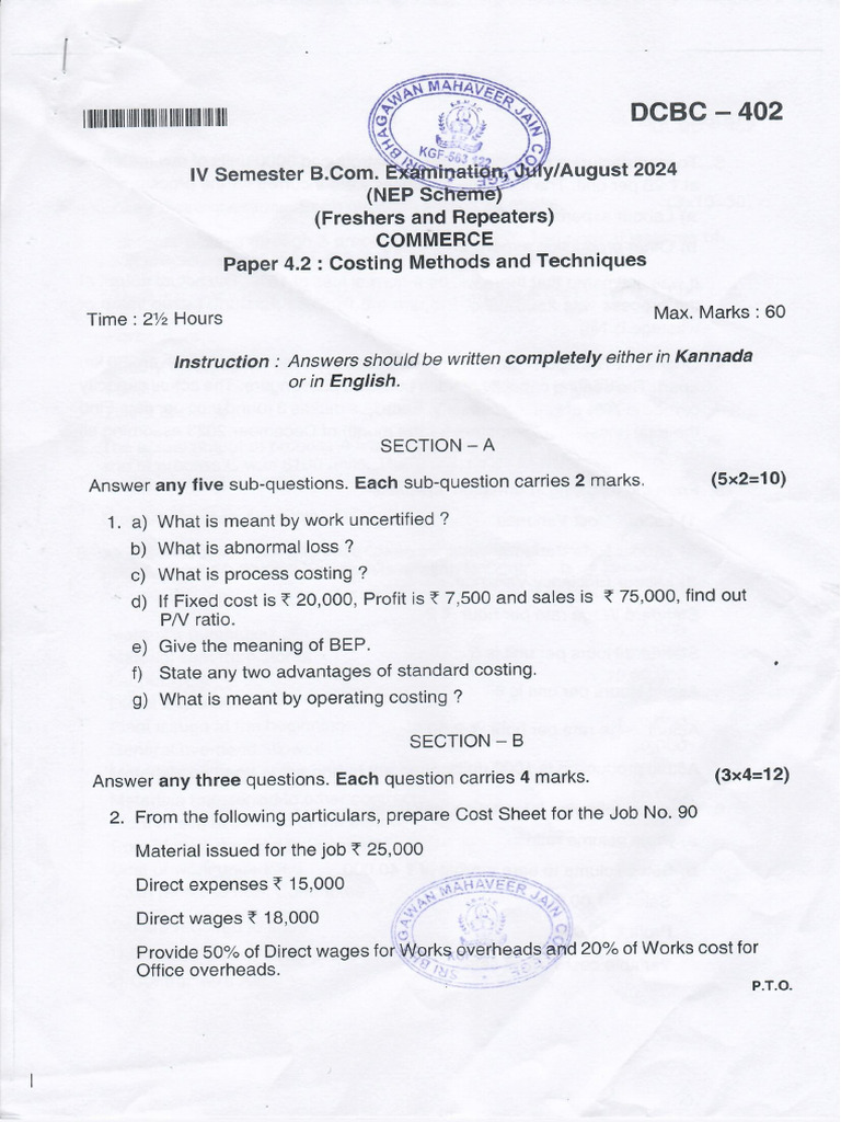 4th SEM BCOM Costing Methods Techniques NEP 2024 2 | PDF