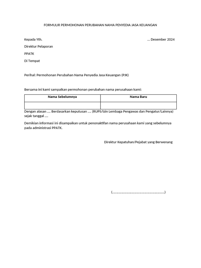 Formulir Permohonan Perubahan Nama PJK | PDF