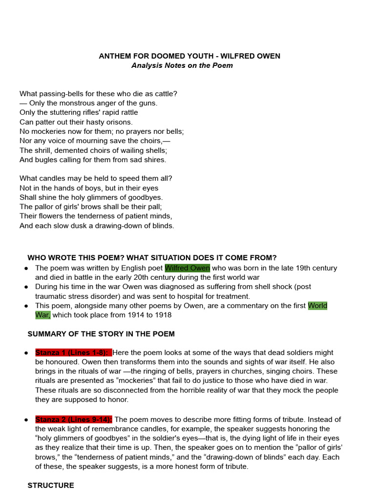 F2 English T3 Poetry Anthem For Doomed Youth Notes | PDF | Poetry | Funeral