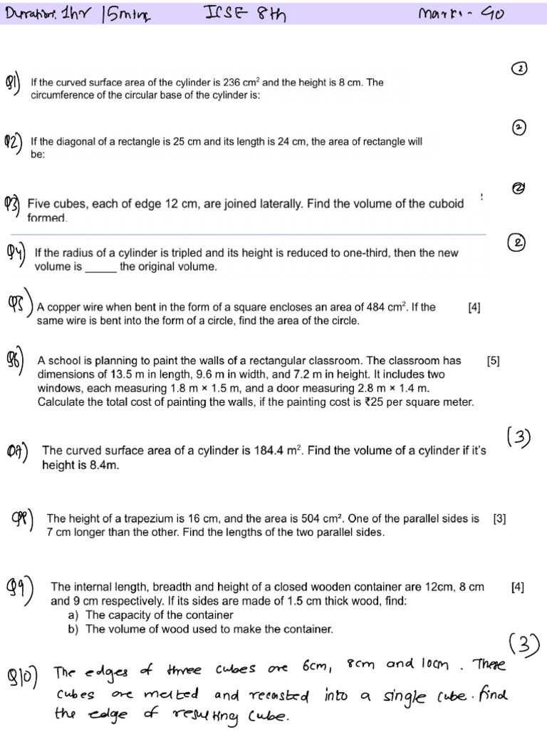 8th Icse Test Surface Area Volume Perimeter | PDF
