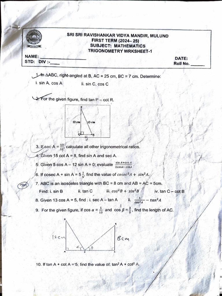 9th Trigonometry Worksheet | PDF | Euclidean Geometry | Algebra