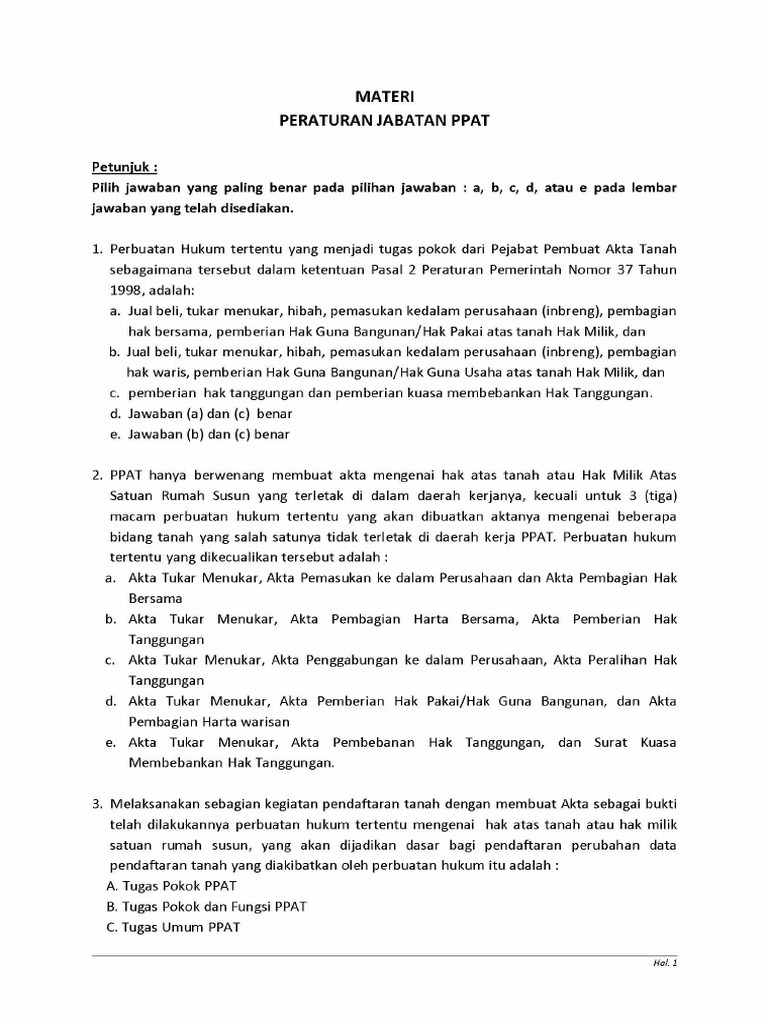 Latihan Soal Materi Peraturan Jabatan Ppat | PDF