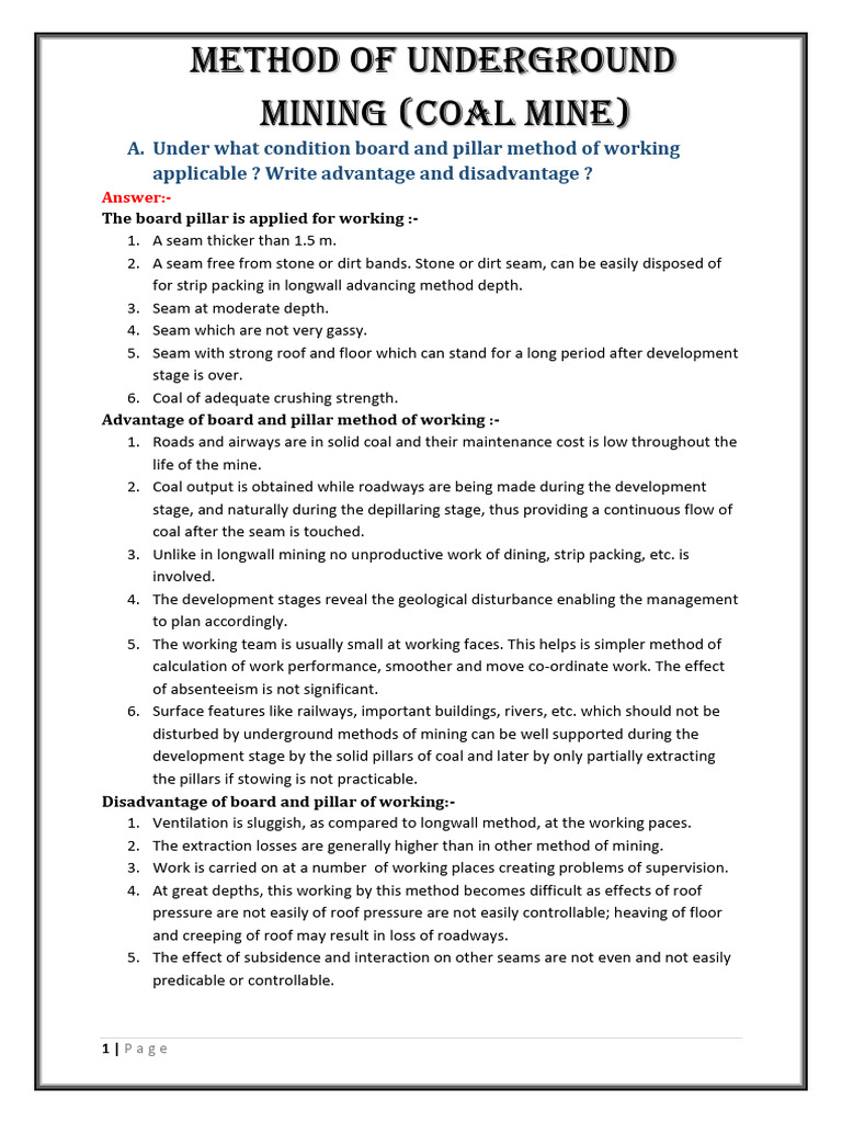 Method of Underground Working (Coal Mine) | PDF | Coal Mining | Pump