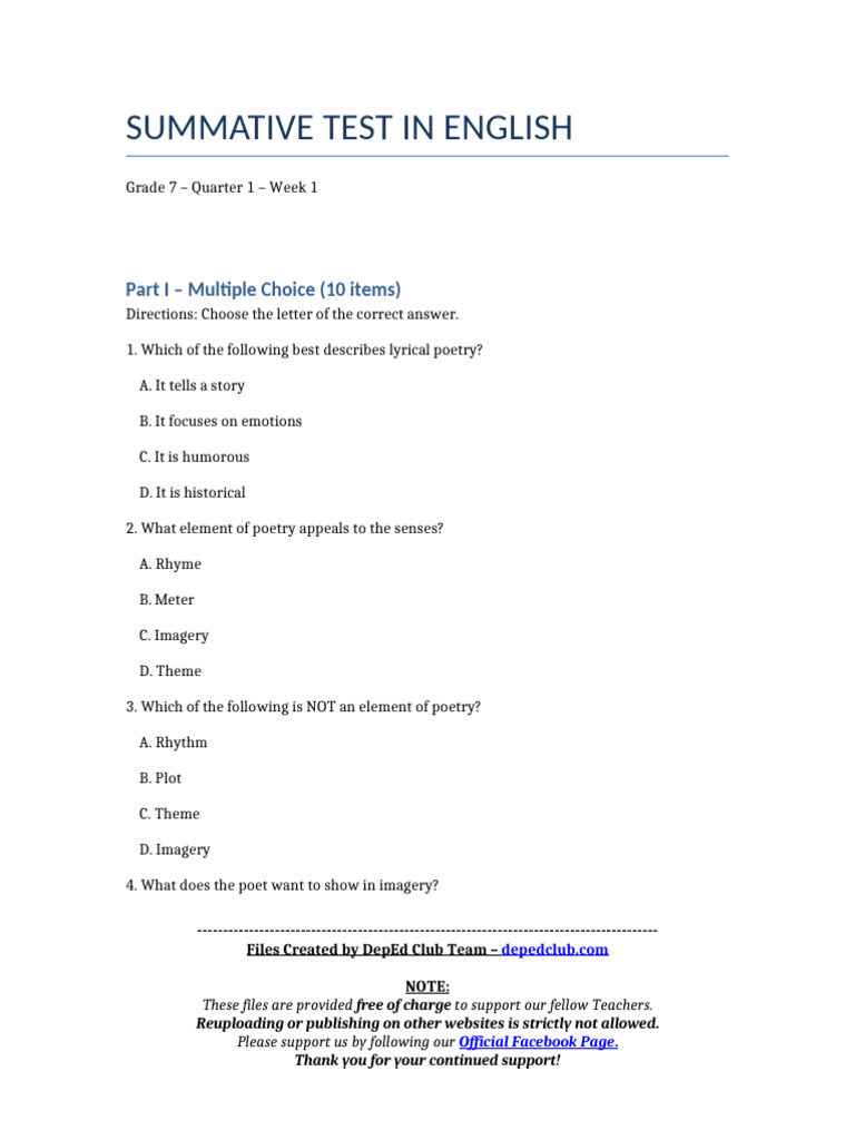 Summ - Test English 7 q1 w1 | PDF | Poetry