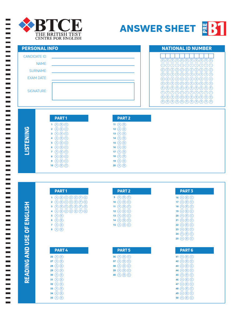 BTCE - Pre-B1 - Optical Answer Sheet | PDF | Standardized Tests