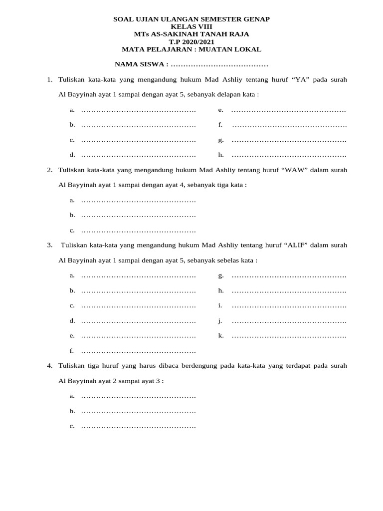 Soal Ujian Semester Genap 2020 2021 | PDF