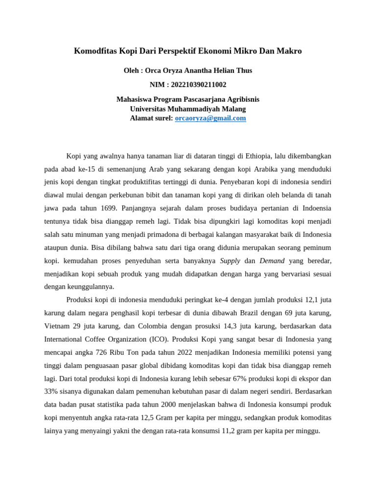 Komodfitas Kopi Dari Perspektif Ekonomi Mikro Dan Makro - Orca Oryza A.H.T - 2022-002 | PDF