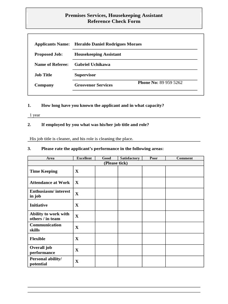 Heraldo - Premises Services Housekeeping Assistant Reference | PDF