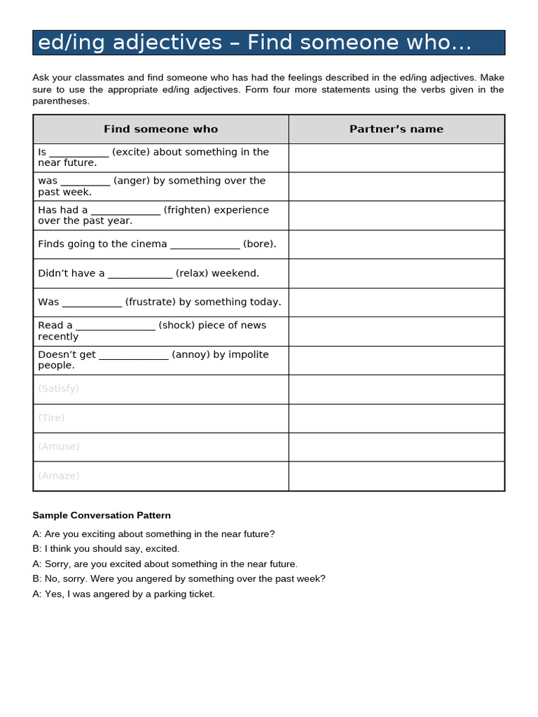 Find Someone Who (Ed and Ing) - Adjectives | PDF