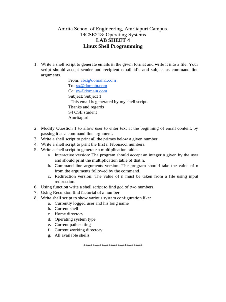 Linux Shell Programming Lab Exercises | PDF