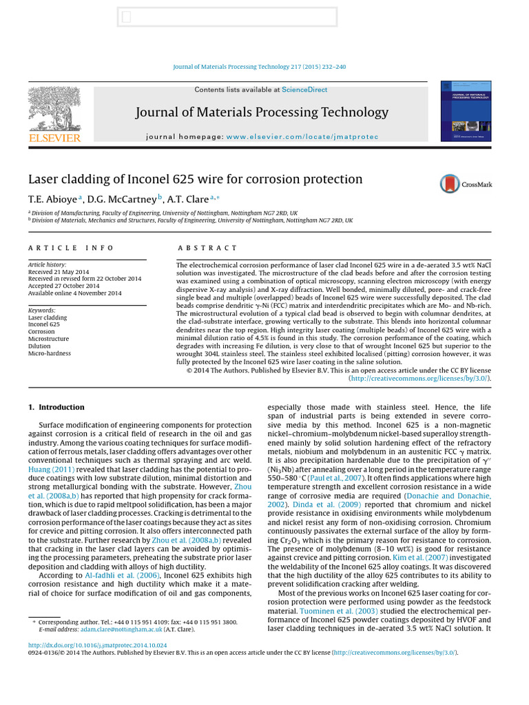 Laser Cladding of Inconel 625 Wire For Co 2015 Journal of Materials ...