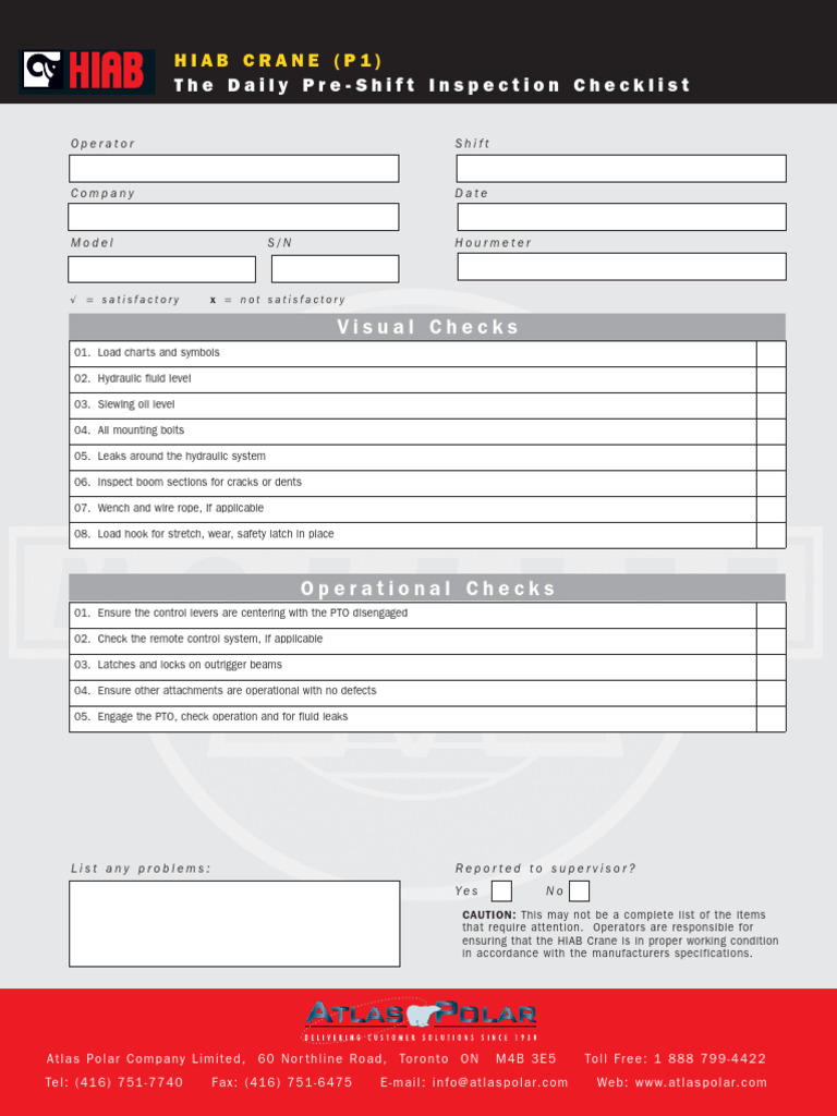 HIAB Daily Inspection Checklist | PDF | Crane (Machine)