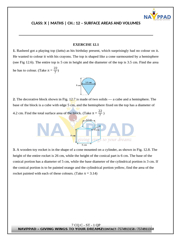 Class-10th Maths Ch- 12 | PDF | Sphere | Area