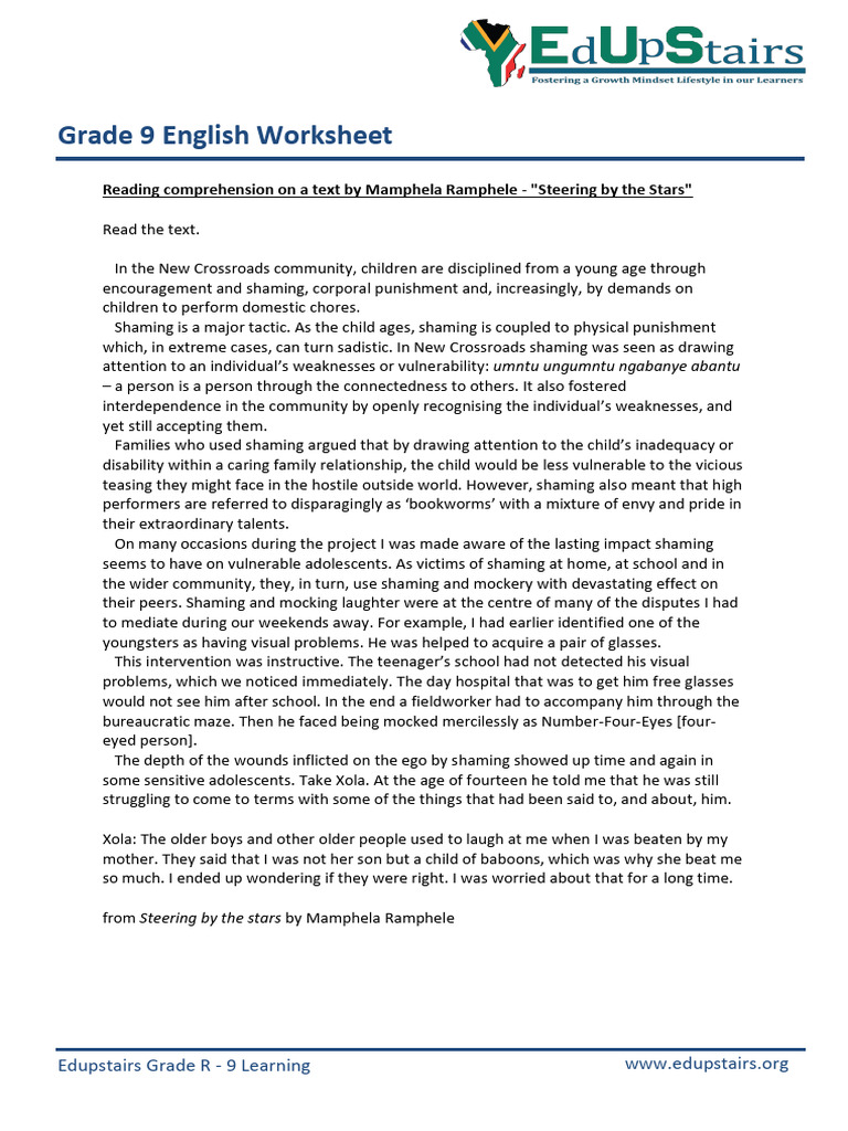 Reading Comprehension On A Text by Mamphela Ramphele Steering by The ...