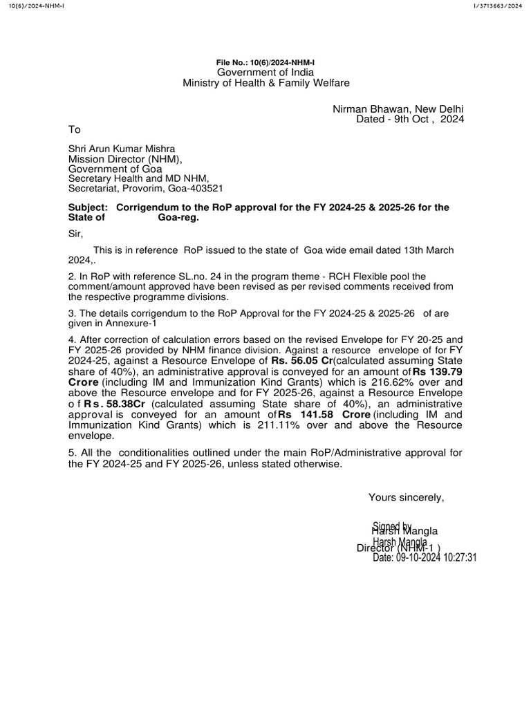 Goa NHM ROP Corrigendum DO Letter | PDF