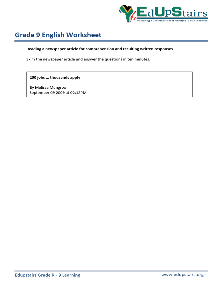 Reading A Newspaper Article For Comprehension and Resulting Written ...