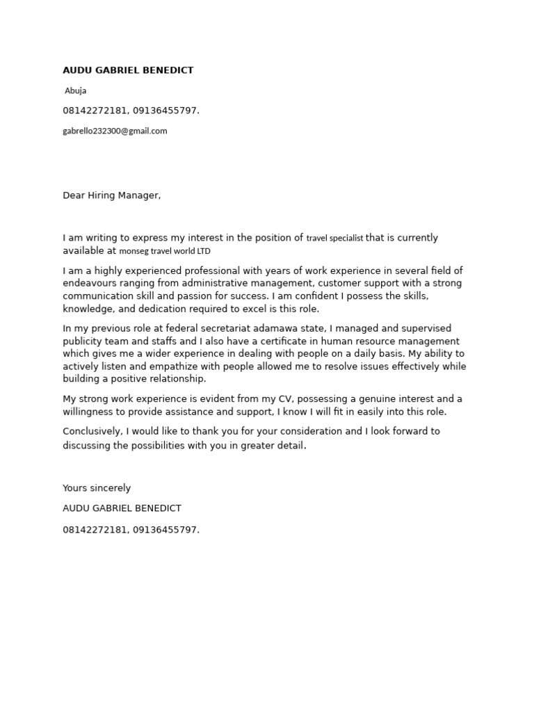 Audu Gabriel Benedict Cover Letter | PDF