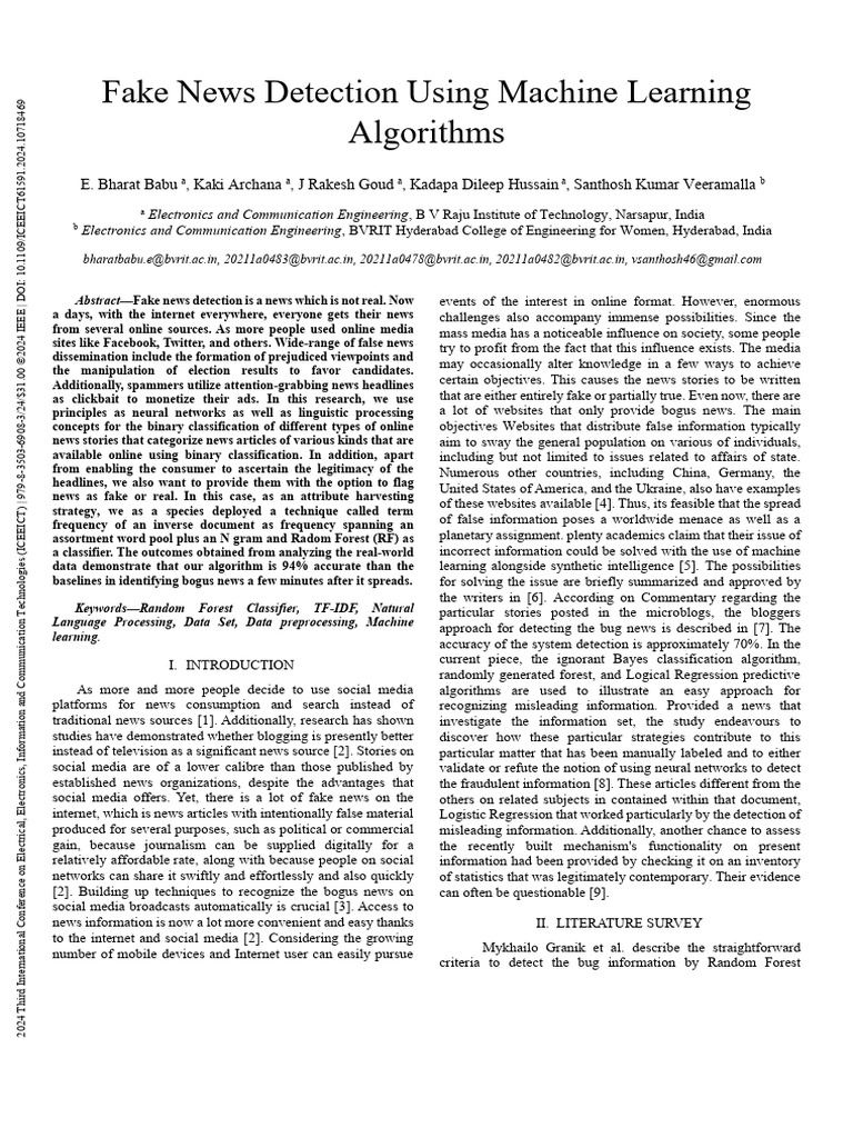 Fake News Detection Using Machine Learning Algorithms | PDF ...