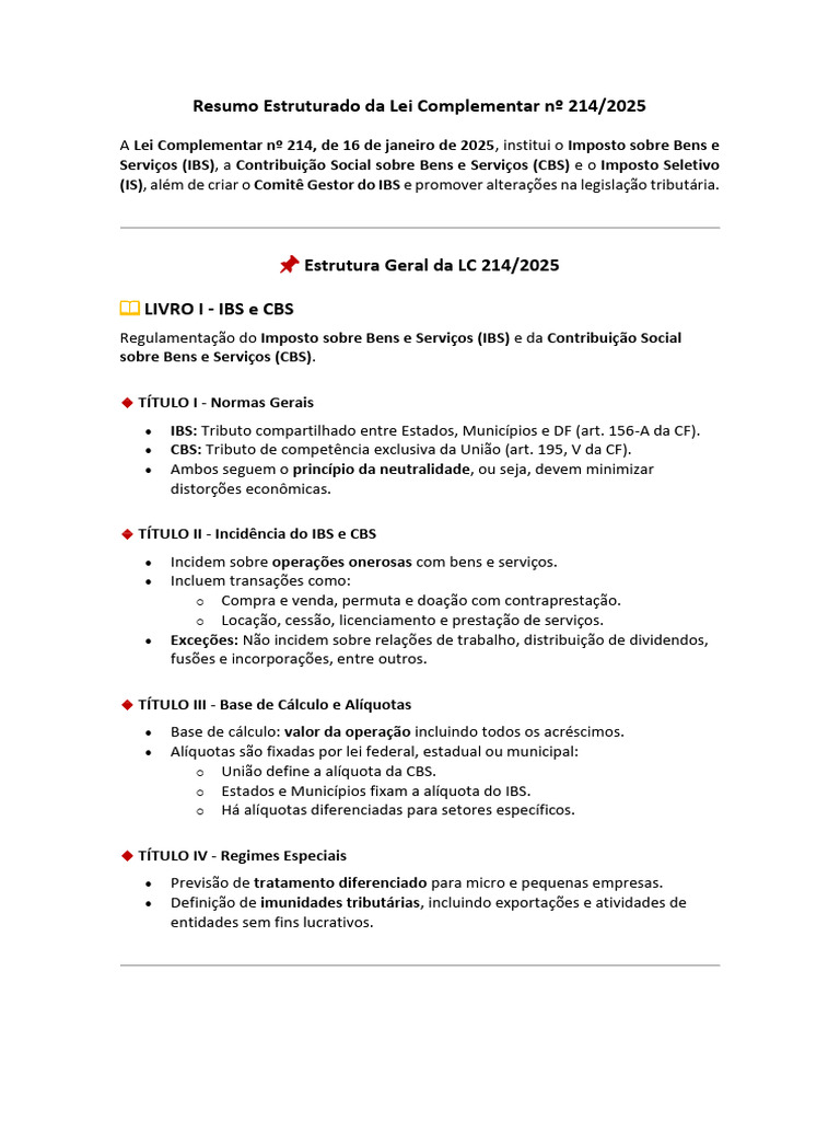 Resumo da Lei Complementar 214/2025 | PDF | Impostos | Economias