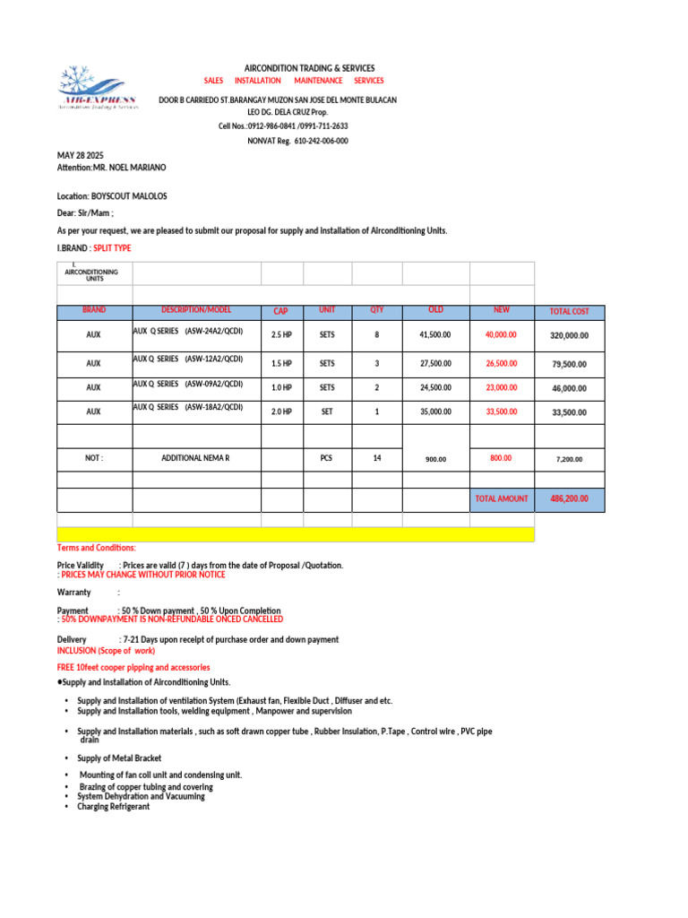 Air Conditioning Proposal and Quotation | PDF | Pipe (Fluid Conveyance ...