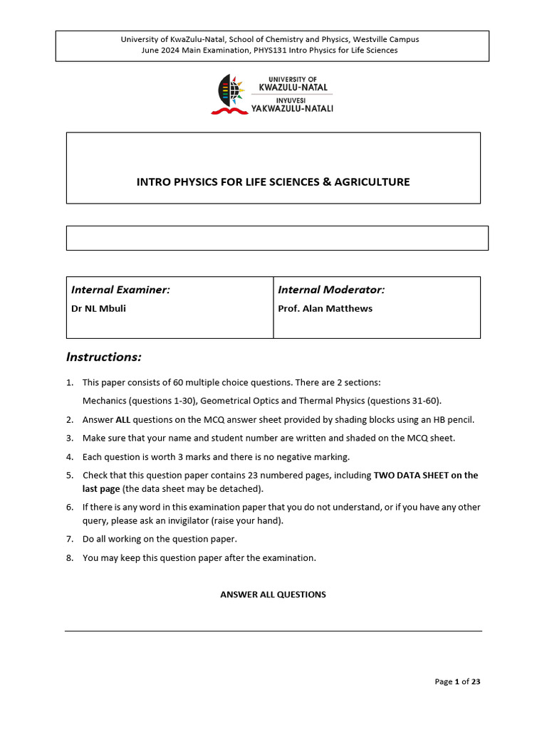 Phys131 2024 Main Exam | PDF | Force | Velocity