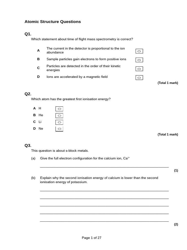 Atomic Structure Questions | PDF | Time Of Flight Mass Spectrometry ...