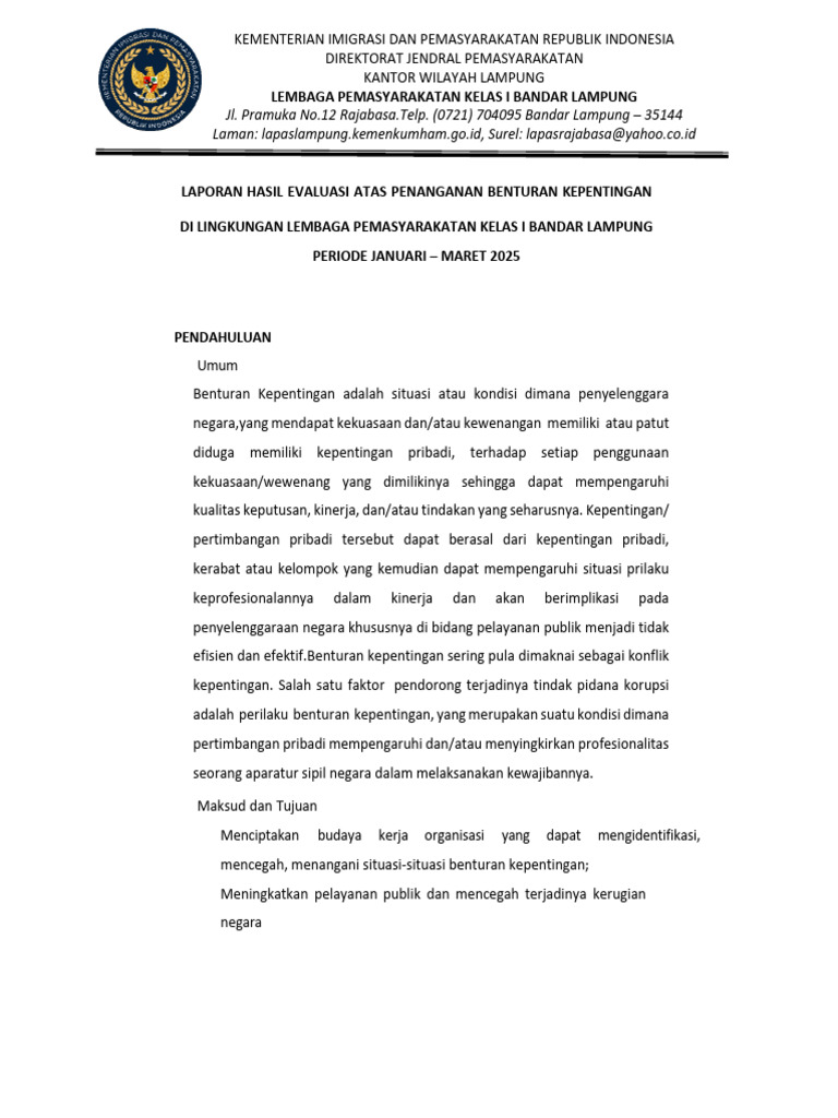 Laporan Hasil Evaluasi Atas Penanganan Benturan Kepentingan TW I 2025 | PDF