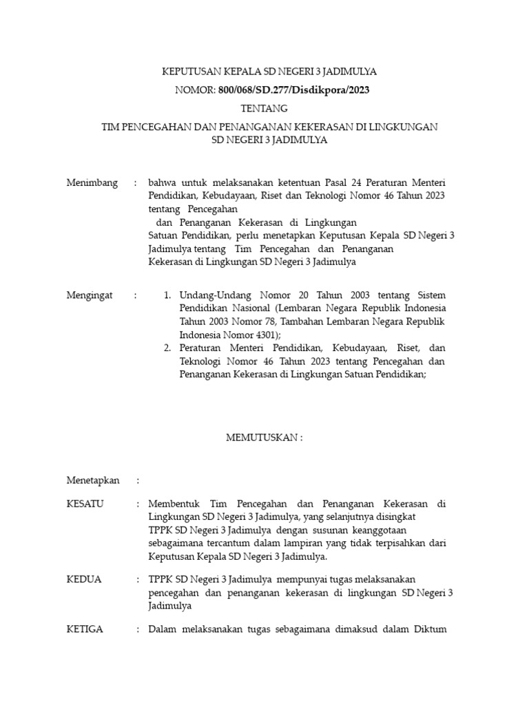 Lampiran 2 - Contoh SK Kepala Satuan Pendidikan Pembentukan TPPK | PDF