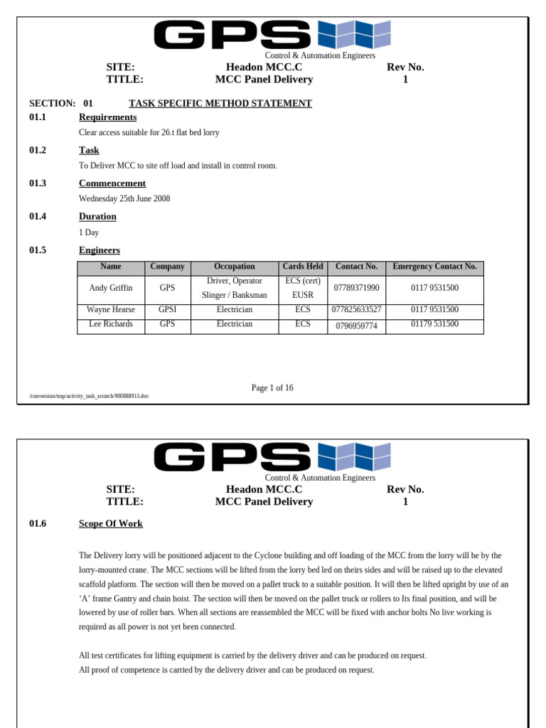 GPS - Headon MCC.C Panel Delivery RAMS Rev 1 | PDF | Crane (Machine ...