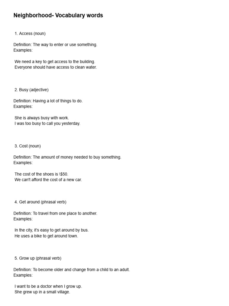 Neighborhood Vocabulary Words Explained | PDF