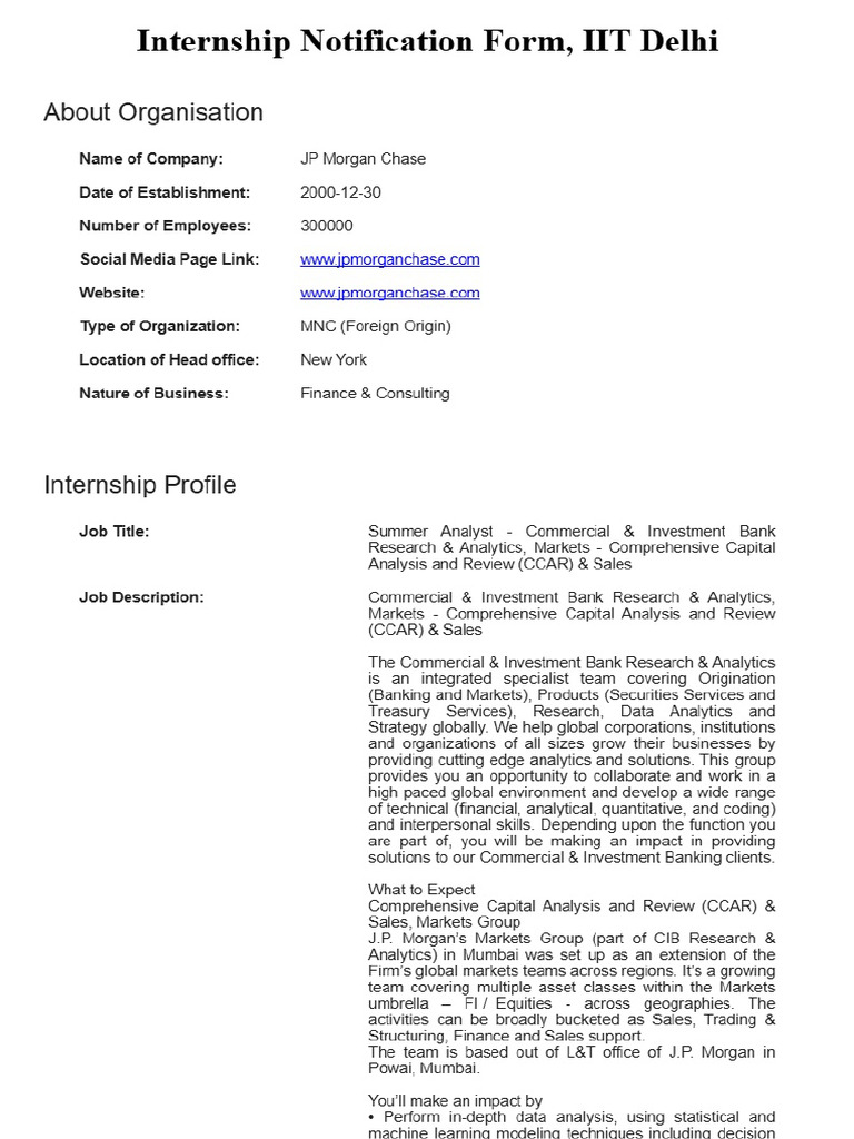 JP MorganChase (Summer Analyst - Commercial & Investment Bank Research ...