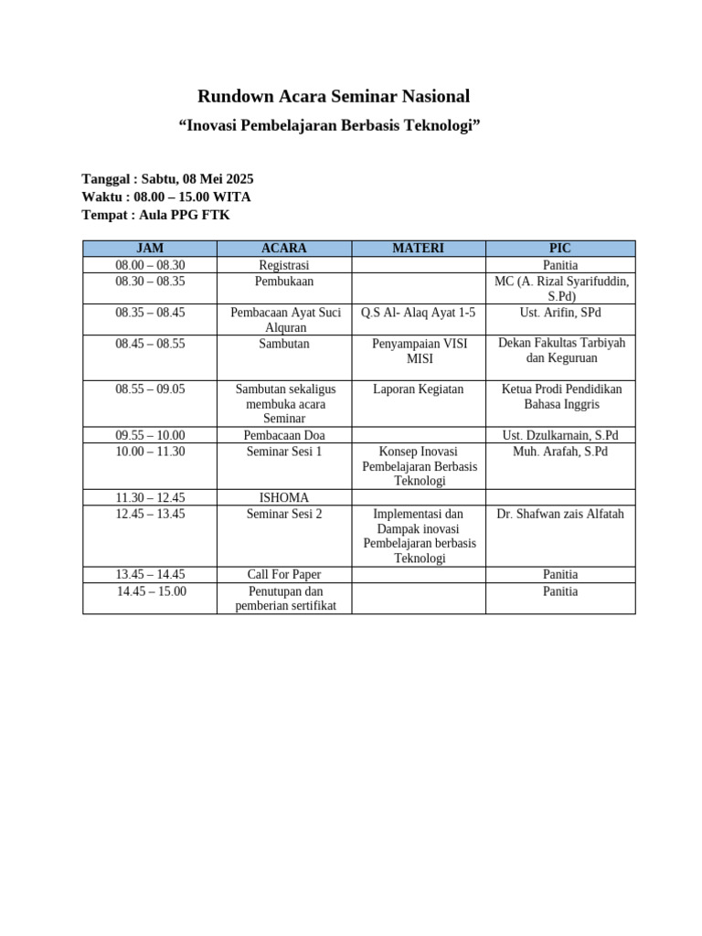 Rundown Acara Seminar Muh. Azhar Arsyad | PDF