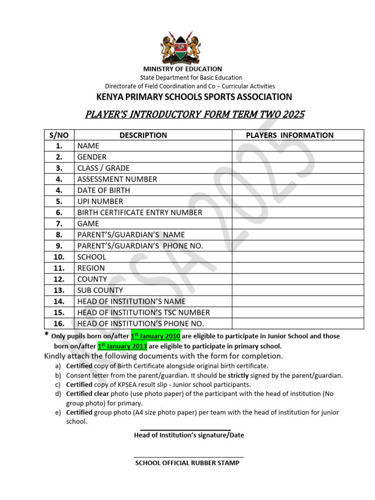 KPSSA Player Introductory Form 2025 | PDF