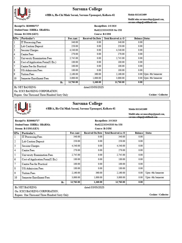 Sarsuna College Fee Receipt 2025 | PDF | Higher Education | Educational ...