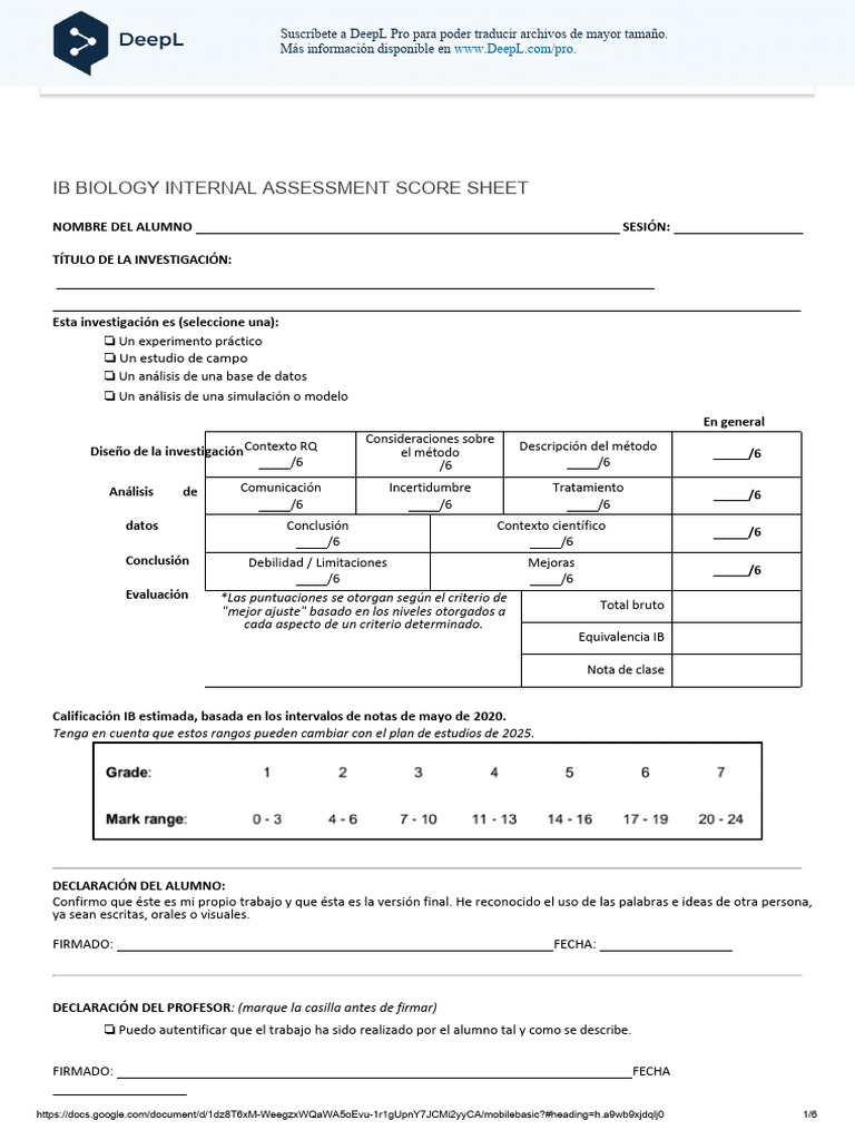 Hoja de Evaluación Interna de Biología IB | PDF | Estadísticas ...