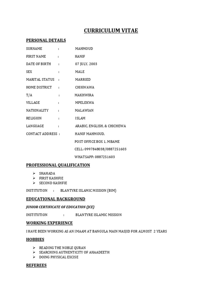 Hanif Mahmoud CV | PDF