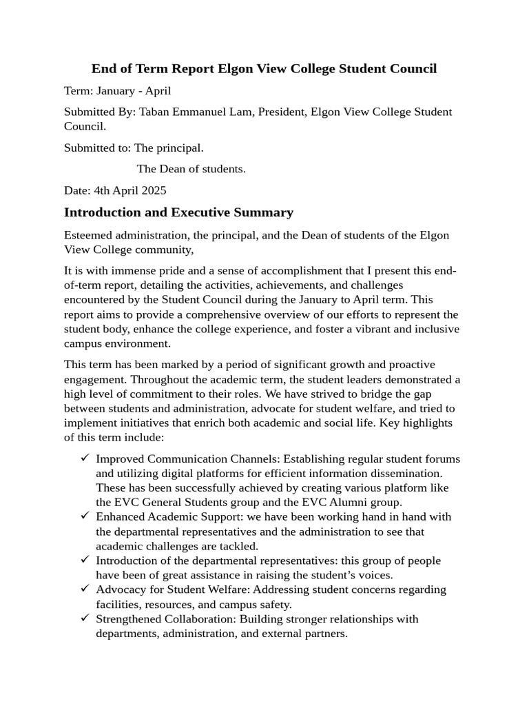 End of Term Report Elgon View College Student Council | PDF | Social ...